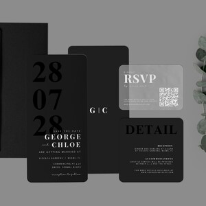 Black Wedding Invitation, Tall Monochrome Wedding Invite 4x9, Modern Detail Card, Editable QR ...