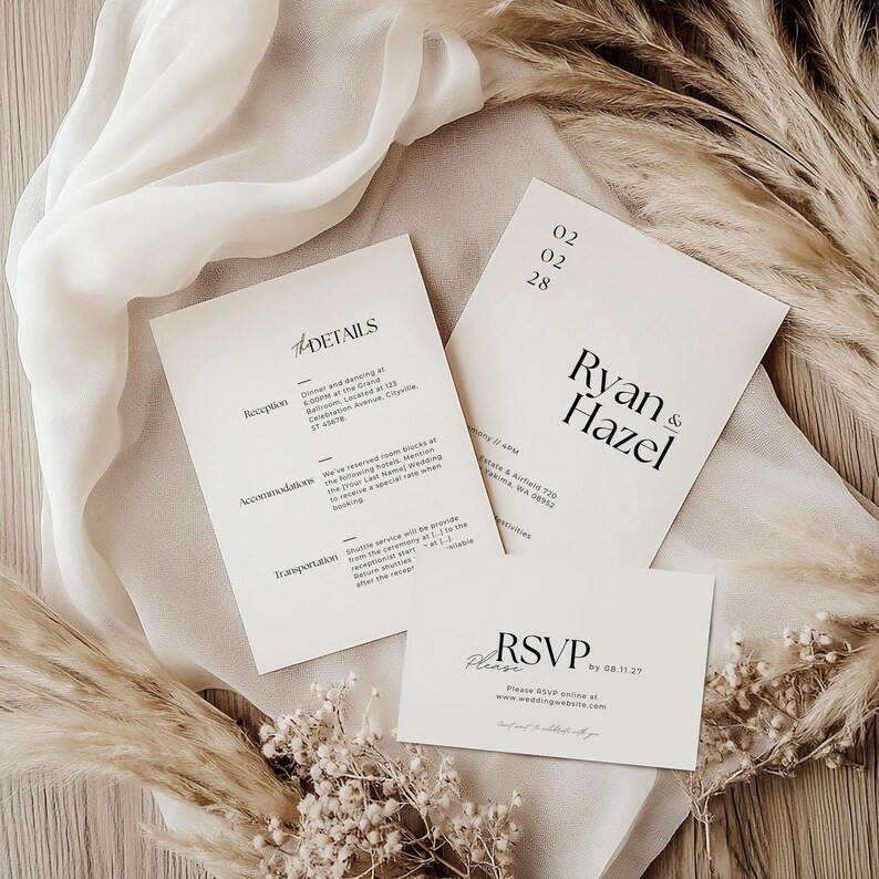 Monogram Simple Wedding Invite Bundle, Custom Modern Template Set, Detail Canva Template ...