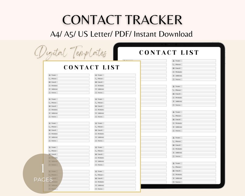 Contacts List Printable, Simple A4 and Letter Size Phone and Email ...