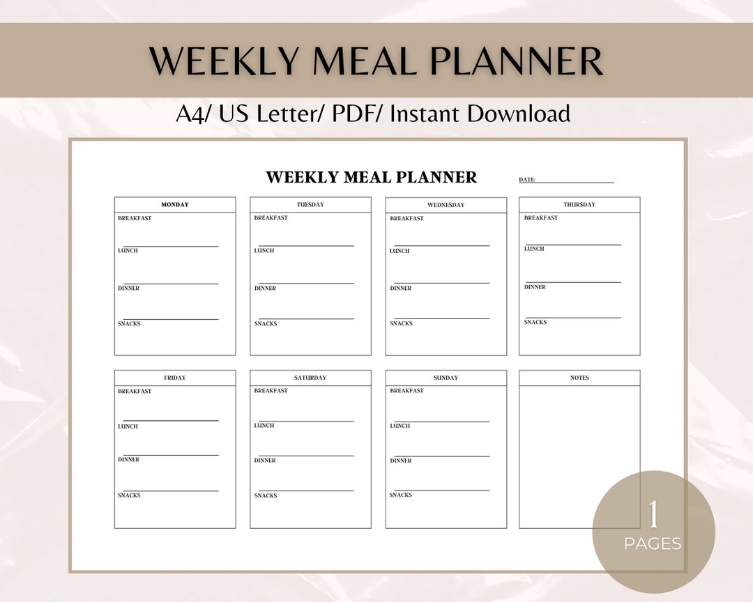 Printable Weekly Meal Planner Landscape, Food Diary, Meal Tracker, Food ...