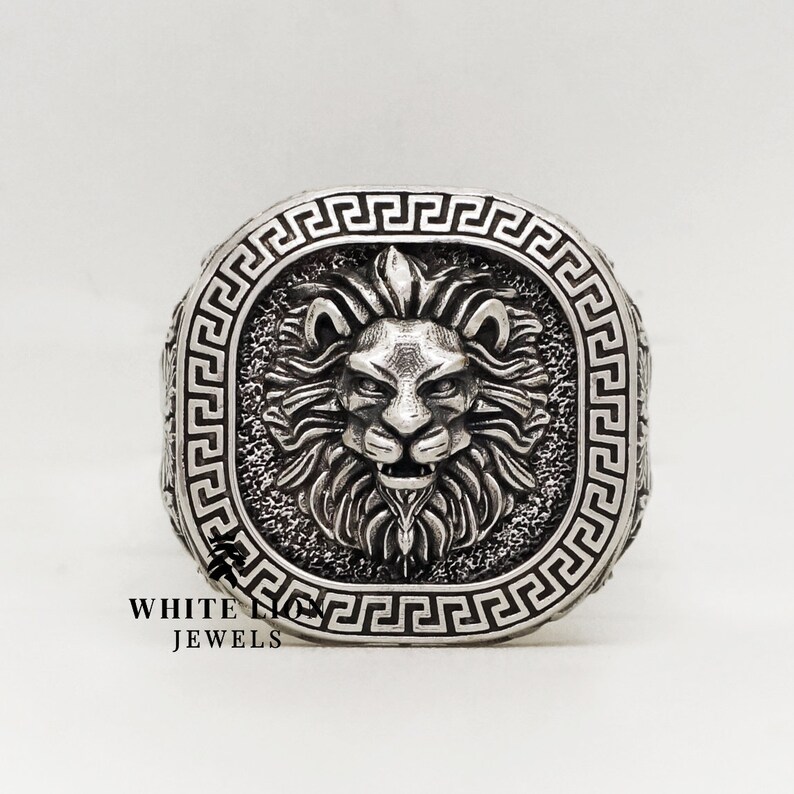Greek Lion Jungle King Animal Leo Zodiac Men 925 Silver Biker Ring Gift ...