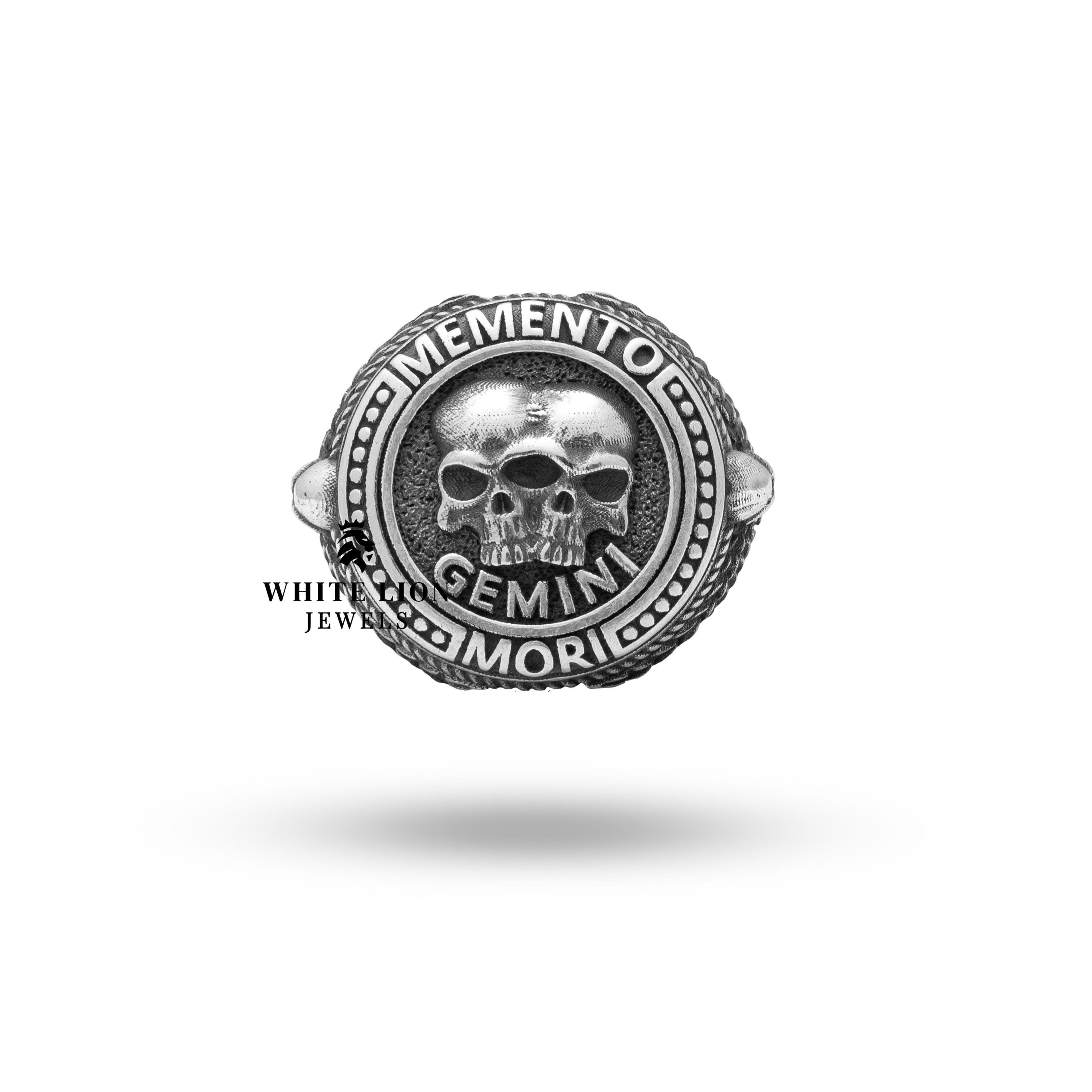 Memento Mori Skull Zodiac Gemini Sign 925 Silver Oxidized Men's Biker ...
