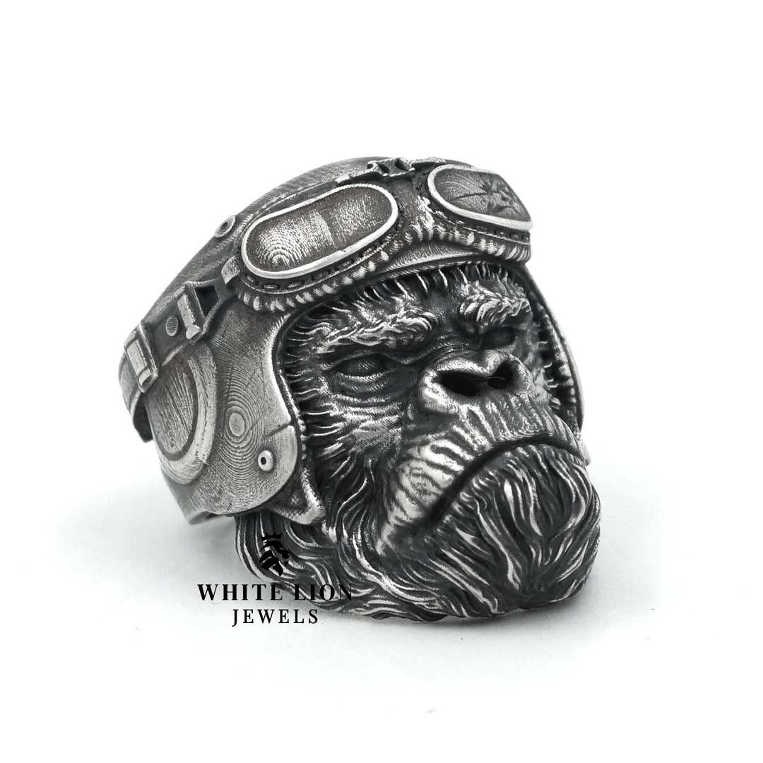 Monkey Chimpanzee Ape Early Human Head Men's Biker Rider Ring Birthday ...