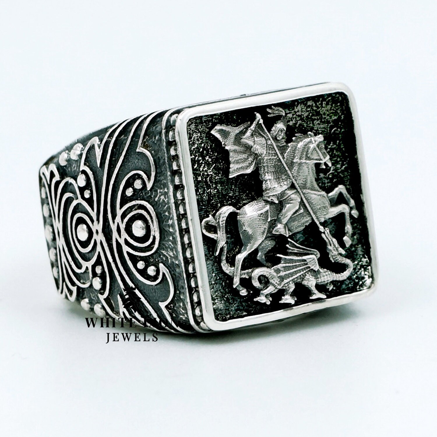 Ninja Warrior St George Signet Dragon Oxidised 925 Silver Biker Rider ...