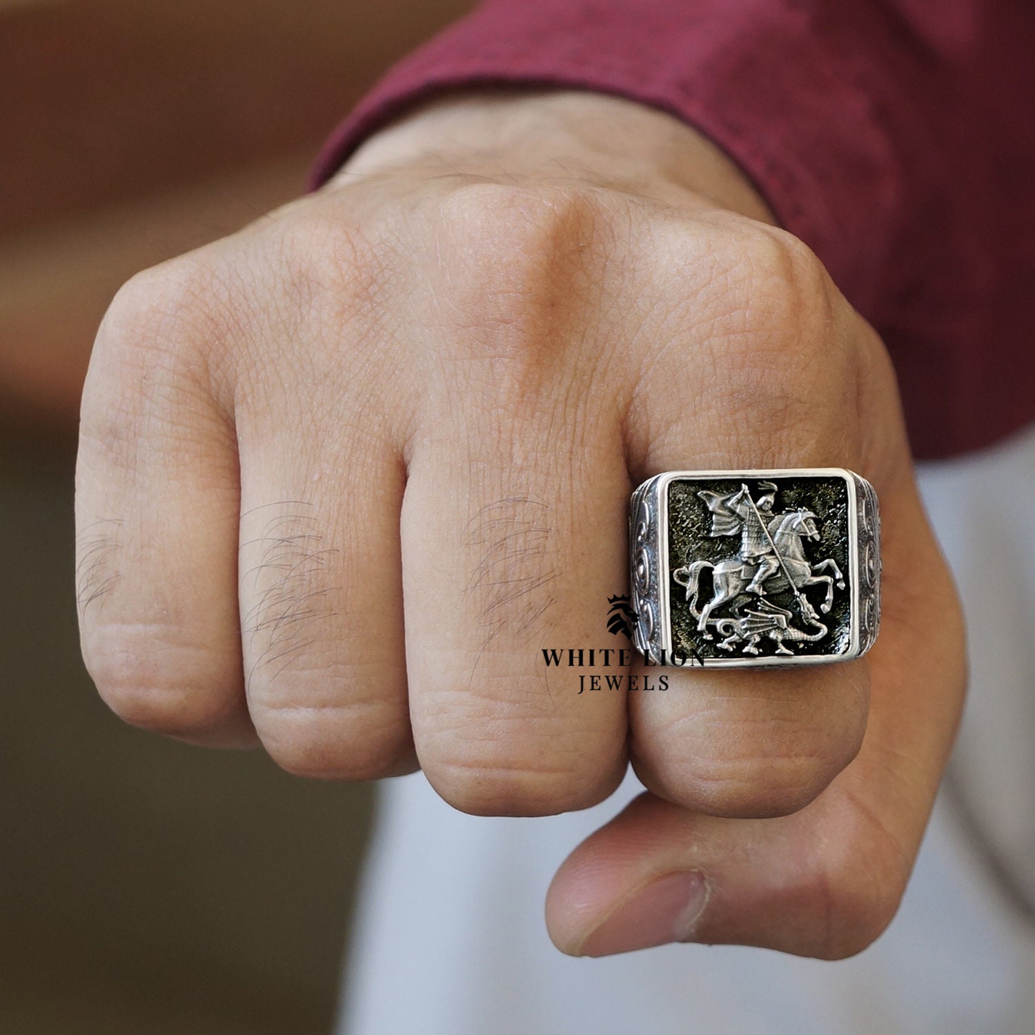 Ninja Warrior St George Signet Dragon Oxidised 925 Silver Biker Rider ...