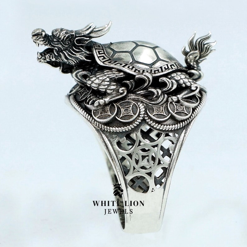 Turtle Dragon Good Luck Creature Animal Leather Back 925 Silver Men ...