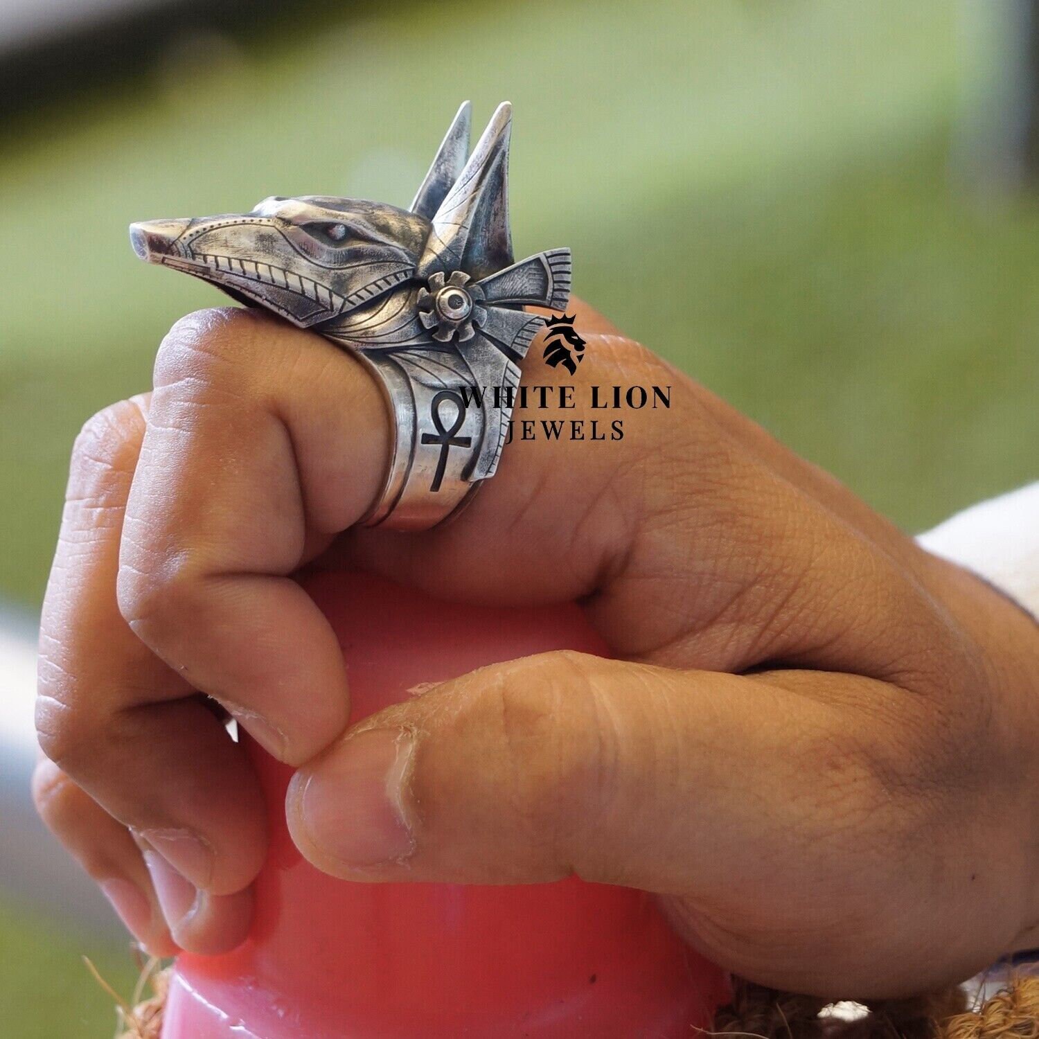 Anubis Egyptian Deity God Ankh Men Biker Rider Ring Italian 925 ...