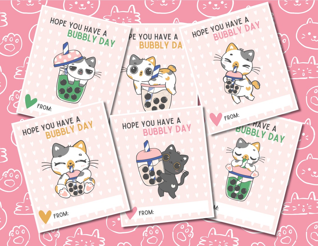 Boba Cat Valentines | Kawaii Valentines | Digital Download | Printable ...