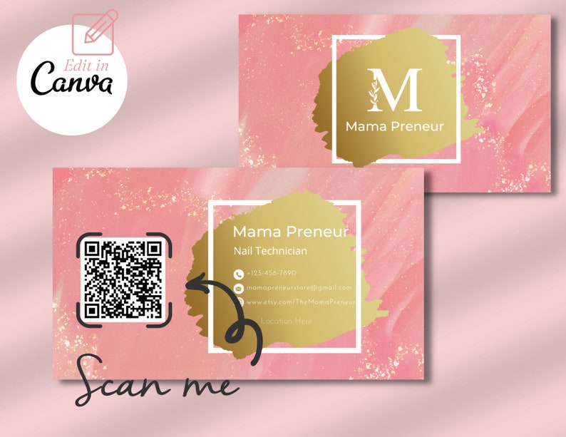 Pink and Gold Business Card QR Code Business Card Template Editable Template Canva Template ...