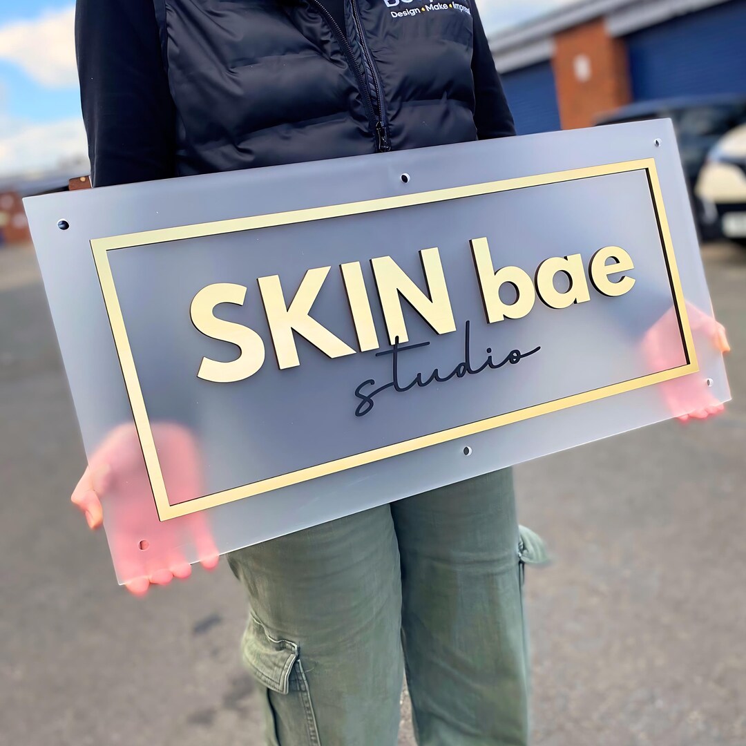 Brushed Gold Acrylic Business Sign | 3D Wall Signage | Rectangle Logo ...