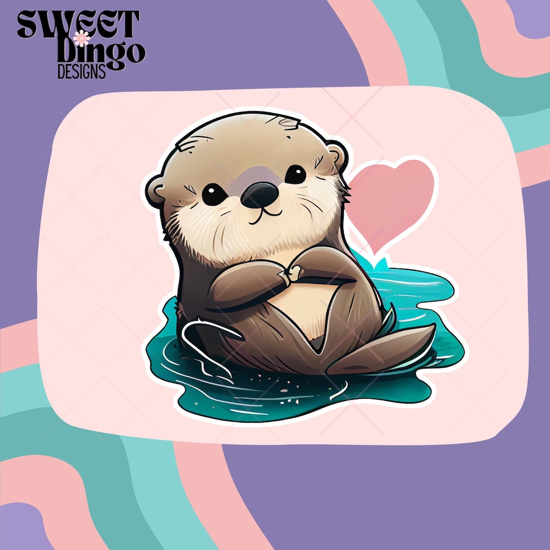Floating Cartoon Otter With Heart PNG Digital Download - Bordered ...