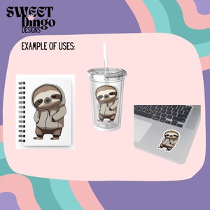 Cartoon Sloth in A Hoodie PNG Digital Download - Bordered Sticker File ...