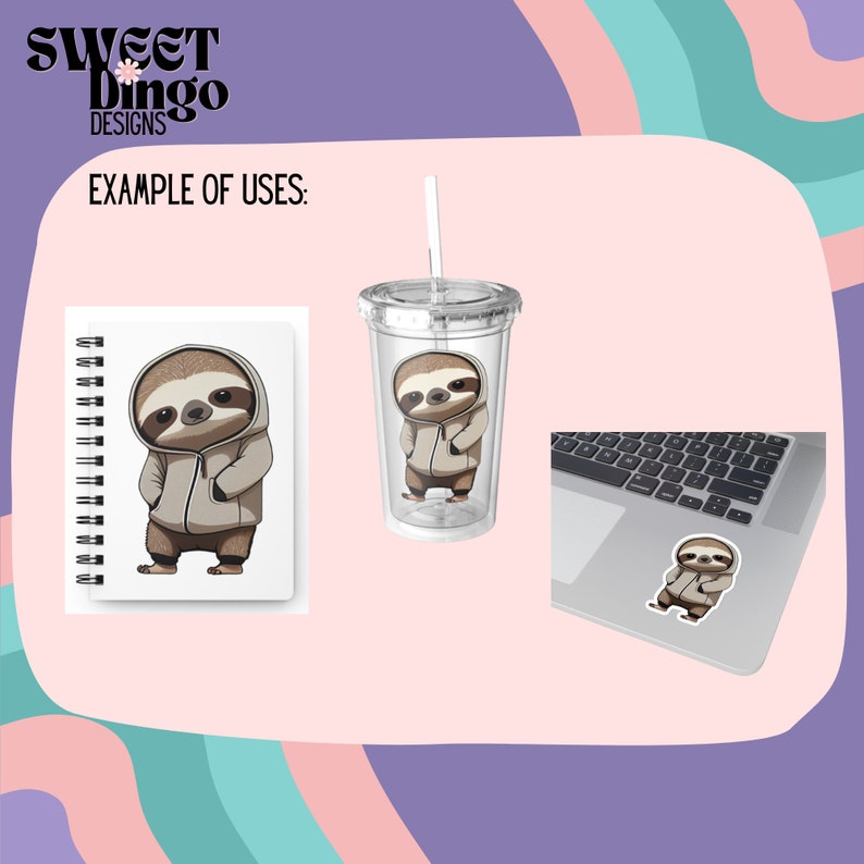Cartoon Sloth in A Hoodie PNG Digital Download - Bordered Sticker File ...