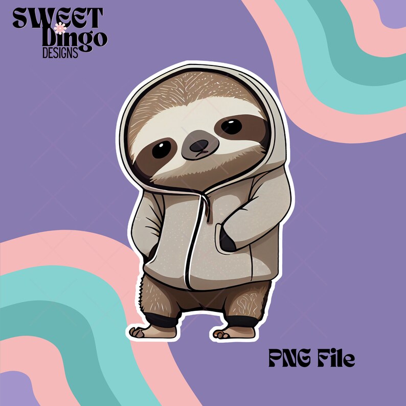 Cartoon Sloth in A Hoodie PNG Digital Download - Bordered Sticker File ...