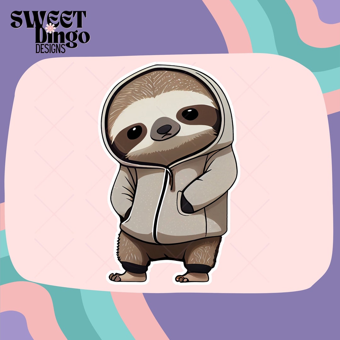 Cartoon Sloth in A Hoodie PNG Digital Download - Bordered Sticker File ...