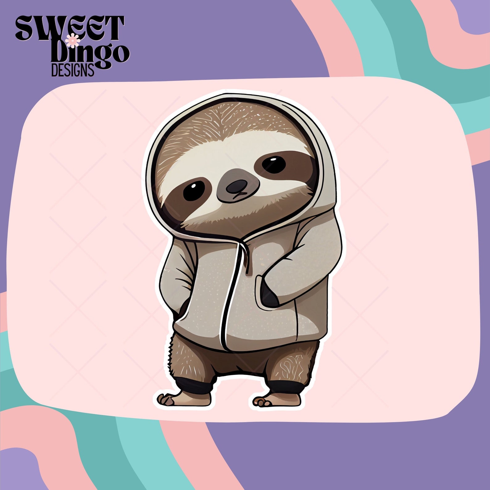 Cartoon Sloth in A Hoodie PNG Digital Download - Bordered Sticker File ...