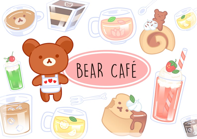 Teddy Bear Café Cute Clipart Stickers, Kawaii Stickers, Kids Clipart ...