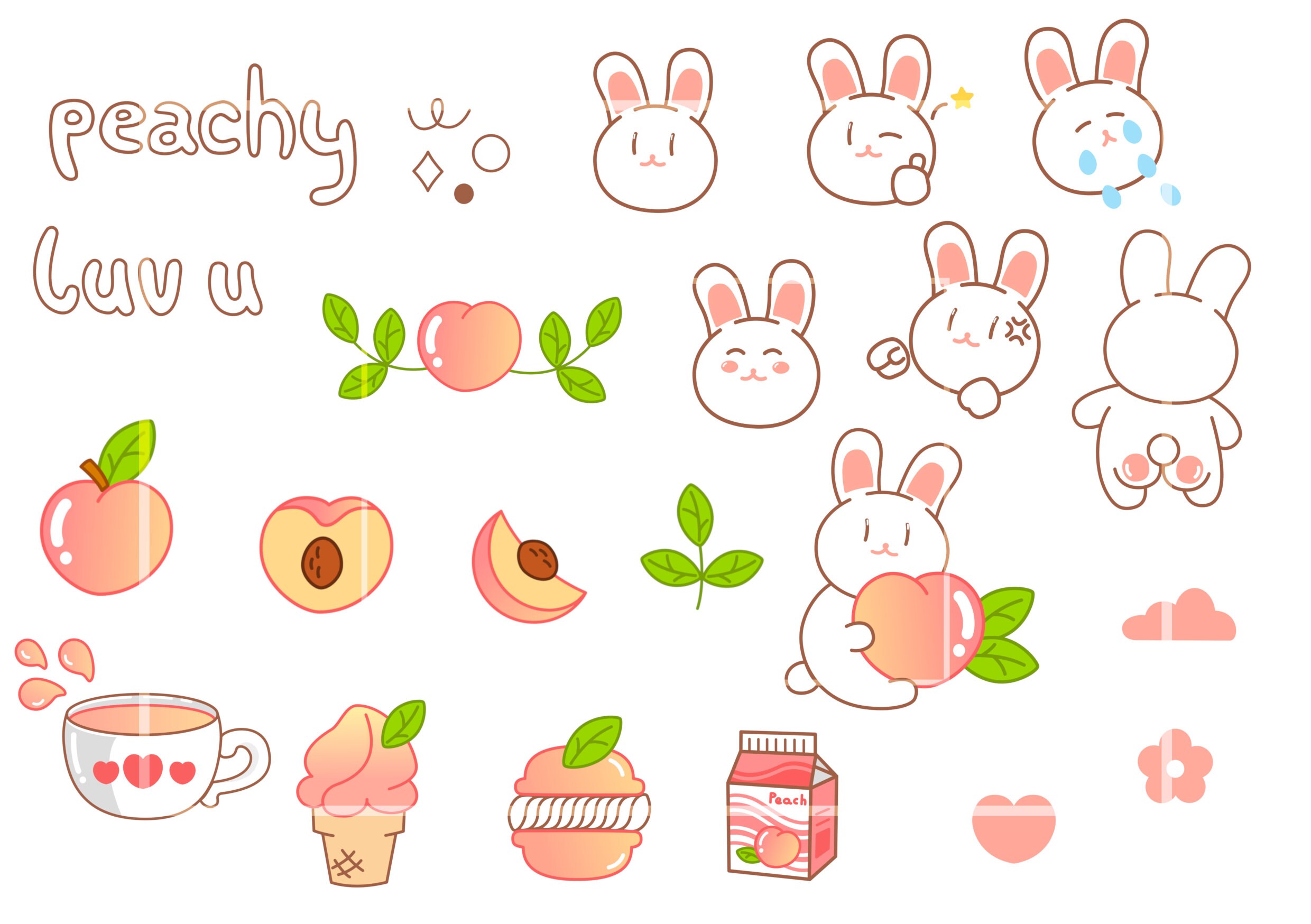 Cute Peach Bunny Vector Clipart Stickers, Digital Stickers, Kawaii ...