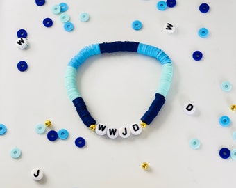 Heishi WWJD Bracelet Blue, Teal, and White Clay Bead Summer Preppy ...