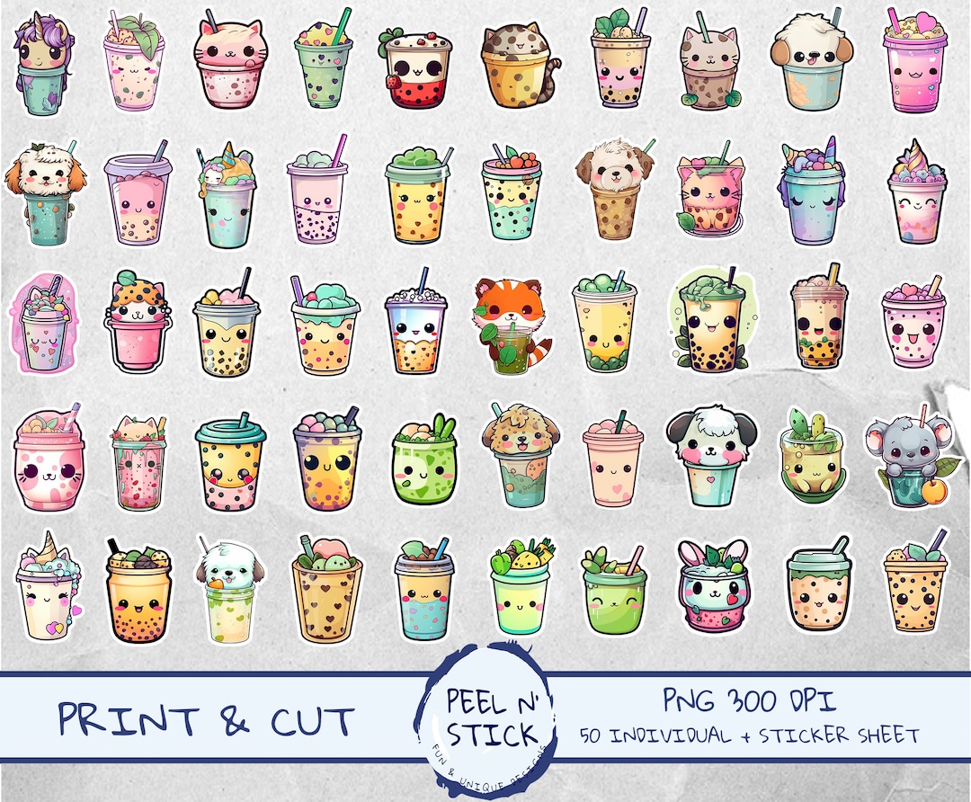 Boba Kawaii Tea Sticker, Animal Bubble Drinks Sticker Sheet Template ...