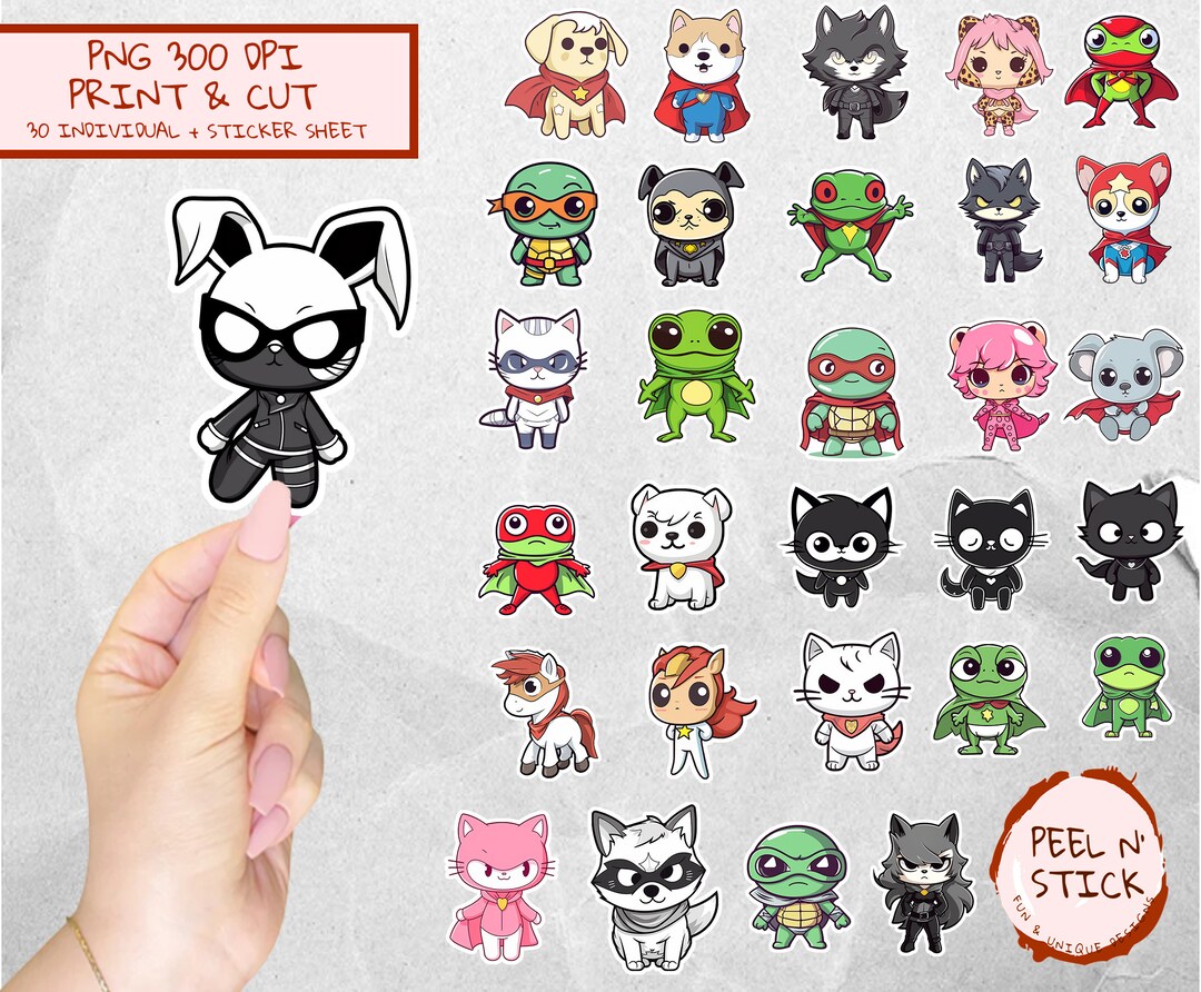 Animal Super Hero Sticker, Kawaii Sticker Sheet Template, Fantasy ...