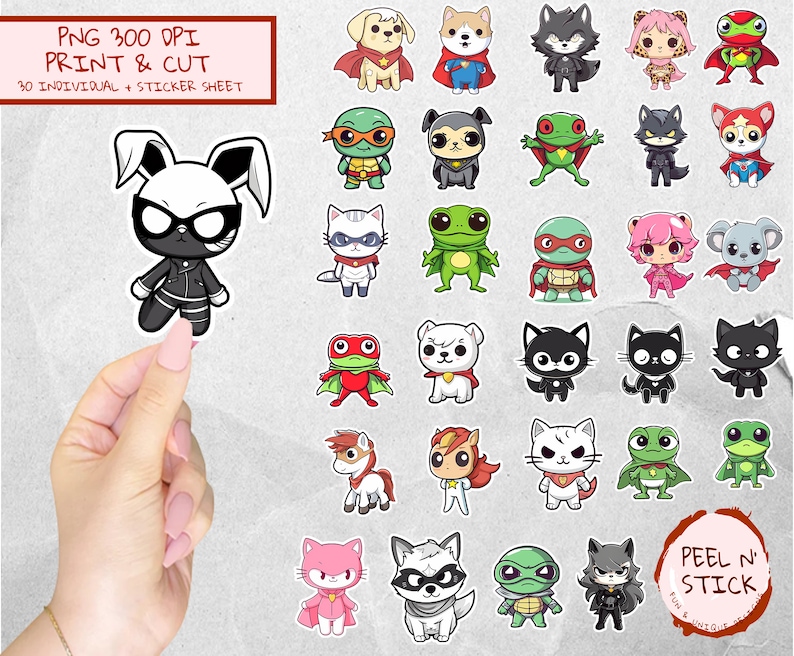 Animal Super Hero Sticker, Kawaii Sticker Sheet Template, Fantasy ...