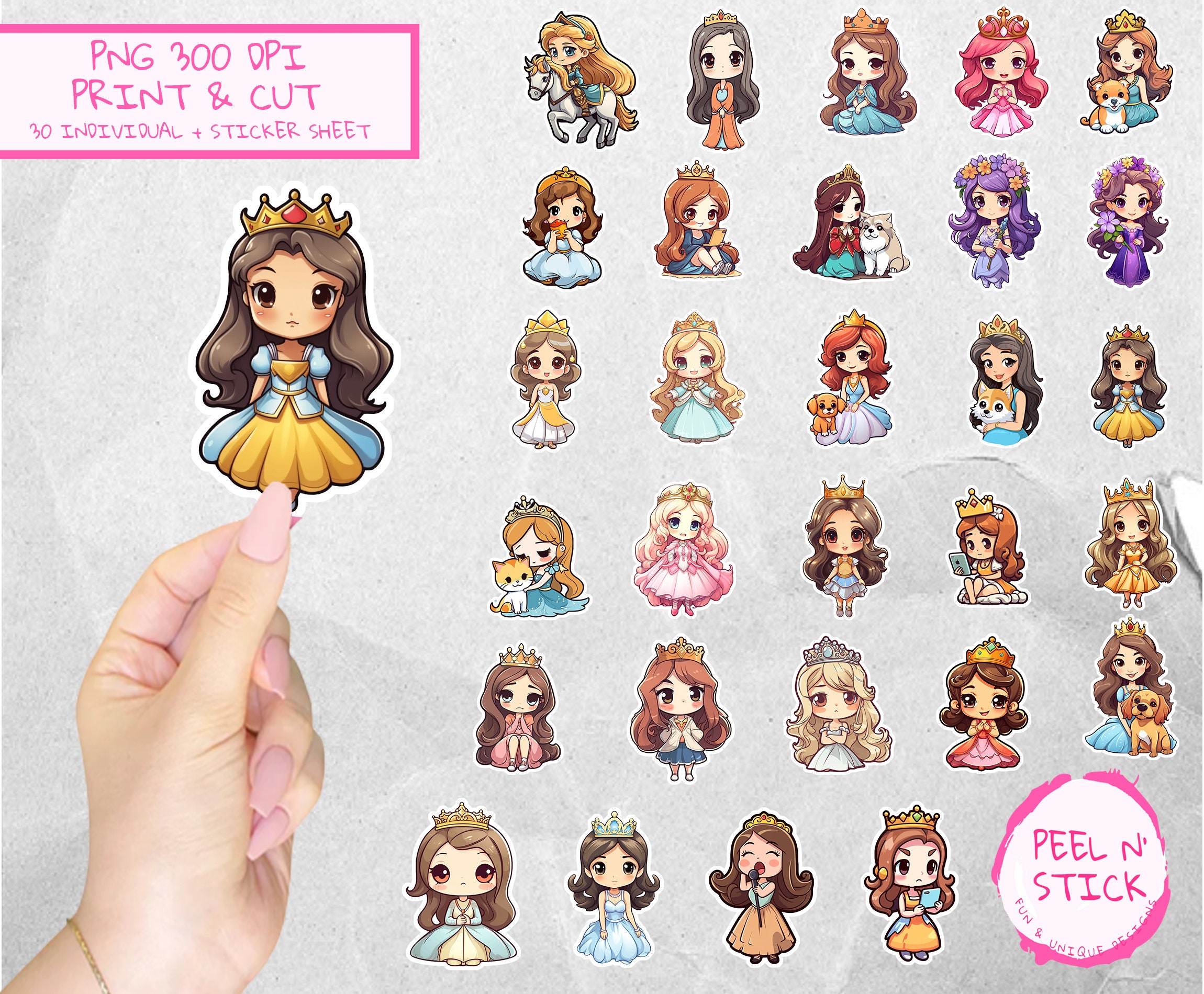 Princess Sticker, Adorable Chibi Sticker Sheet Template, Animals ...
