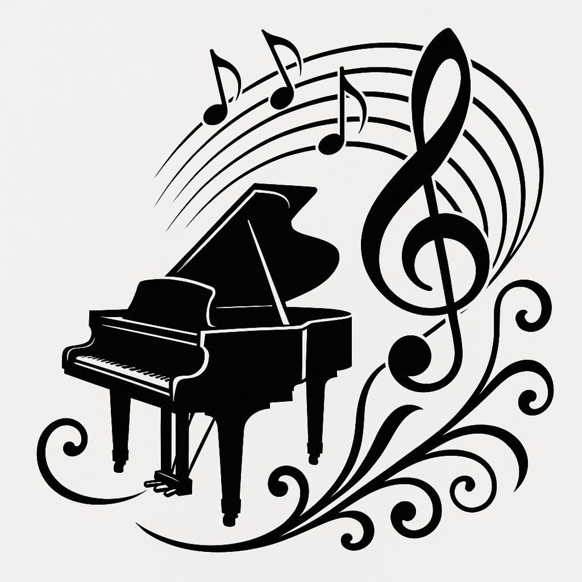 Piano With Music Notes Svg Dxf Png Dwg Black and White Line Art for ...