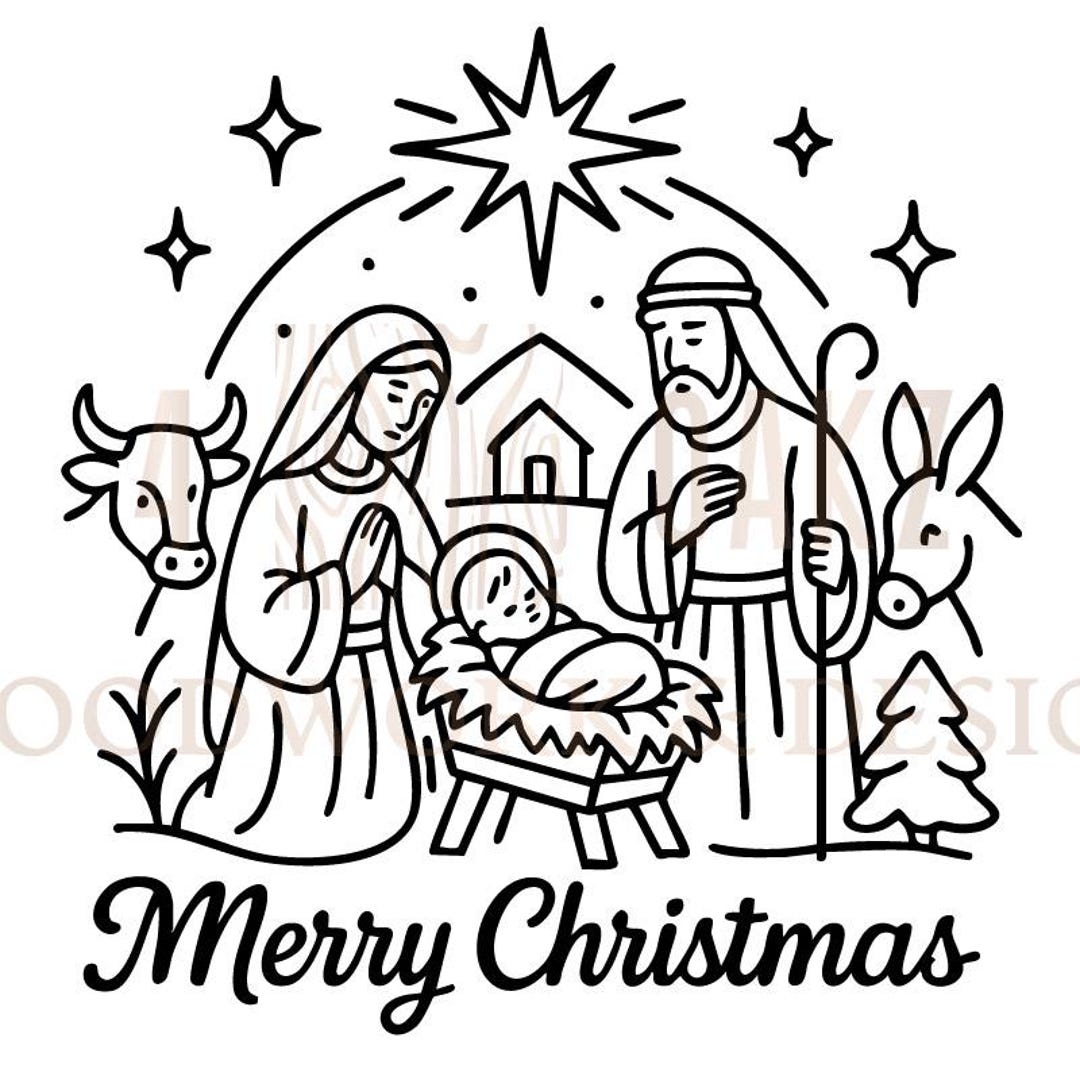 Nativity Scene Line Art | Holy Family SVG PNG DXF | Christmas Manger ...