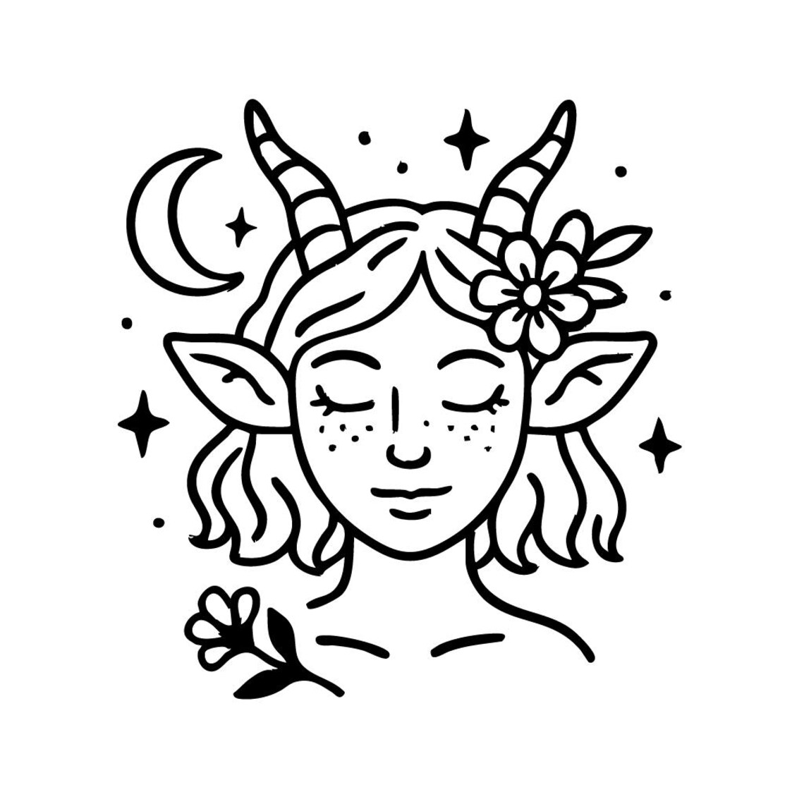 Forest Spirit Svg – Fae Creature Line Art With Stars and Moon for ...