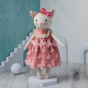 Linen Cat Doll With Pink Dress - 15,8 Inches 40cm / Soft Doll Nature ...