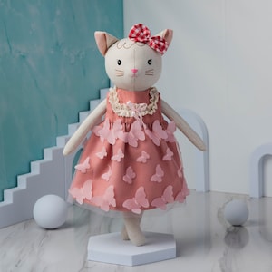 Linen Cat Doll With Pink Dress - 15,8 Inches 40cm / Soft Doll Nature ...