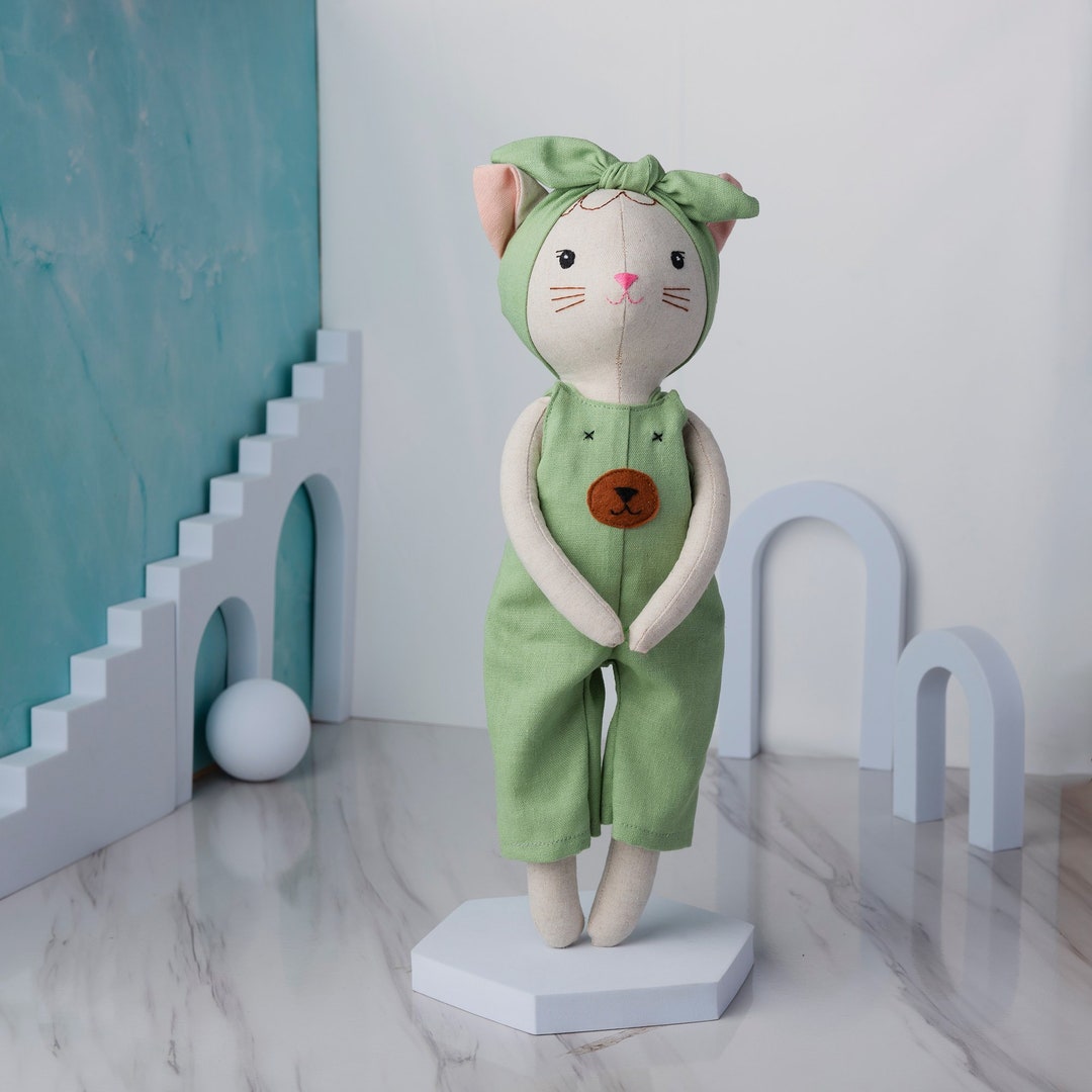 Stuffed Animal the Cat Doll With Overalls, Heirloom Baby Doll, Handmade ...