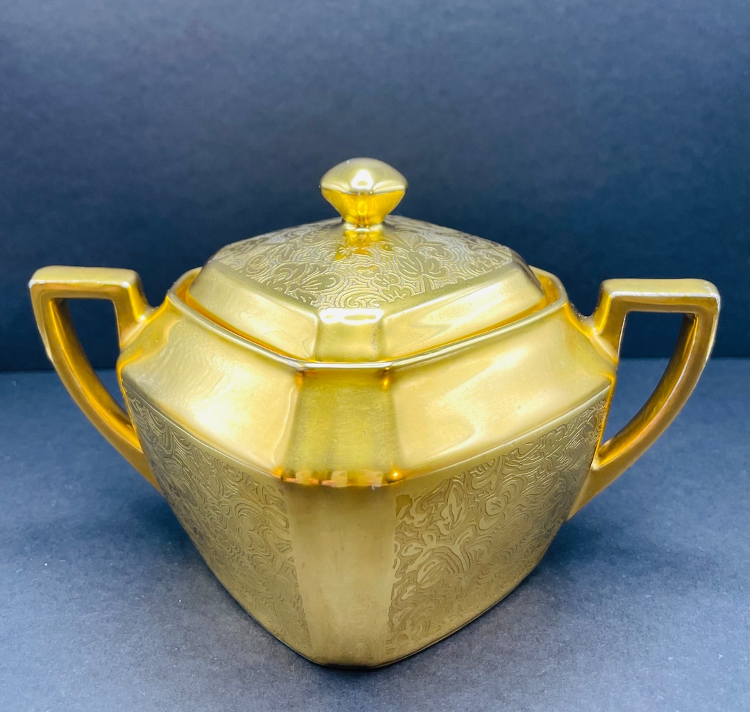 22kt Gold Encrusted Square Sugar Bowl With Lid. Leaf and Vine Pattern ...