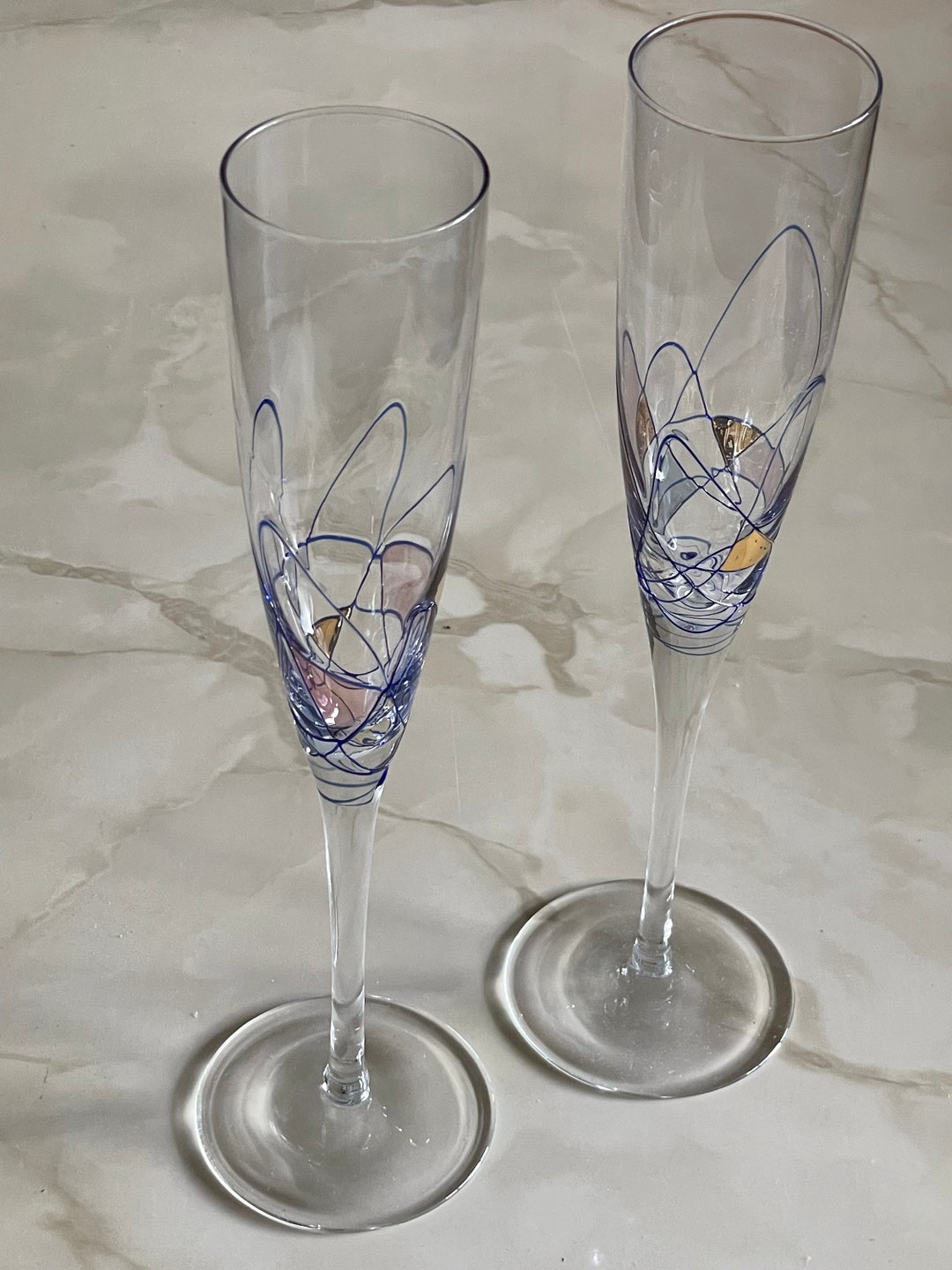 Champagne Flutes. Hand Painted Multi Colored With Gold Leaf. - Etsy