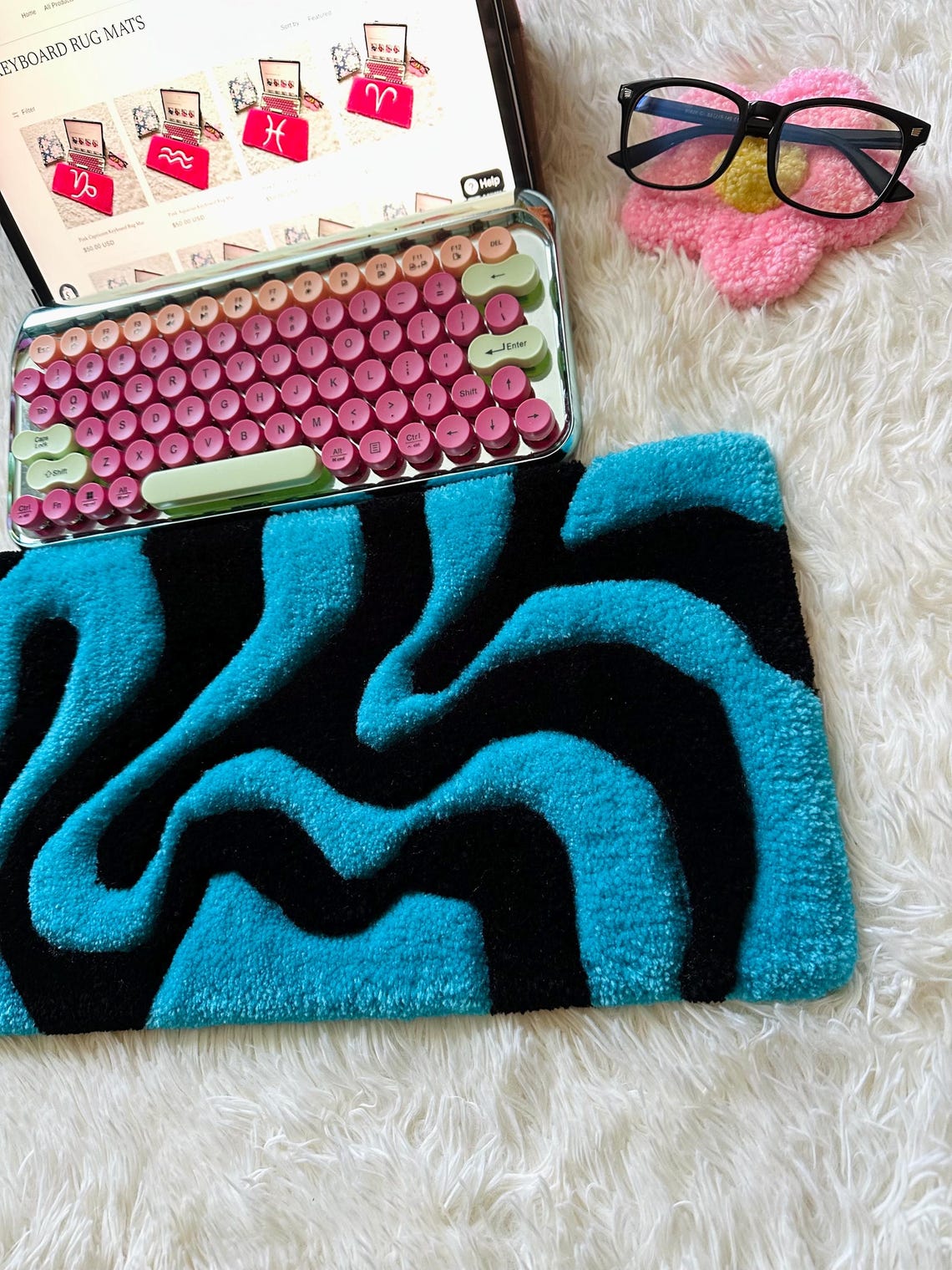 Blue and Black Keyboard Rug Mat, Turquoise Keyboard Mat, Black Keyboard ...