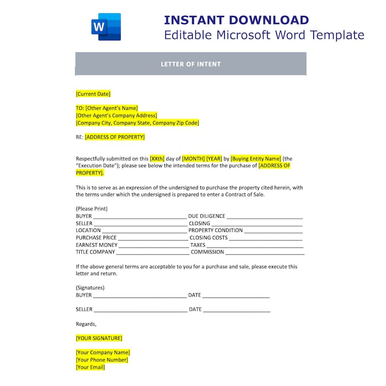 Letter of Intent LOI Vorlage Bearbeitbare Real Estate - Etsy.de
