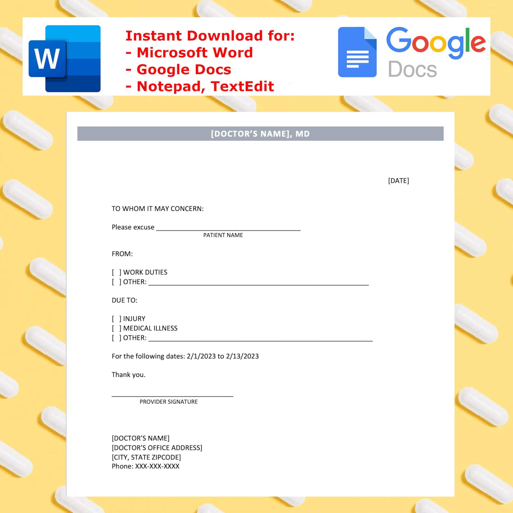 Doctor Excuse Template, Doctor Excuse Note, Doctors Note for Work, Drs ...