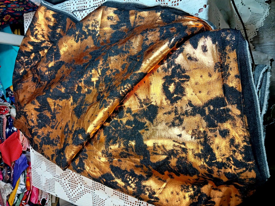 Shiney Metallic DENIM Black & Gold Print FABRIC - Etsy