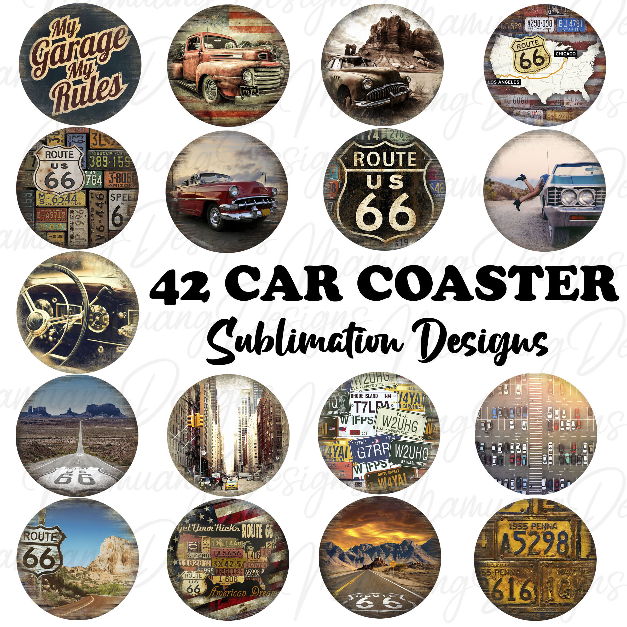 Car Coaster, Retro Route 66 Bundle, Sublimation Design, Printable ...