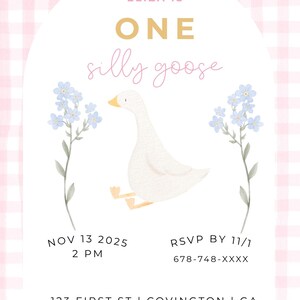 One Silly Goose Girl Birthday Invite – Pink & Gold Bow Editable ...