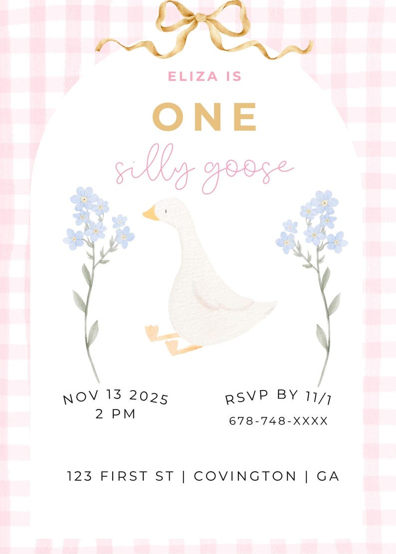 One Silly Goose Girl Birthday Invite – Pink & Gold Bow Editable ...
