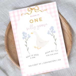One Silly Goose Girl Birthday Invite – Pink & Gold Bow Editable ...