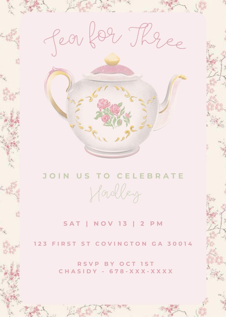 Editable Tea for Three Invitation | 3rd Birthday Canva Template | Tea ...
