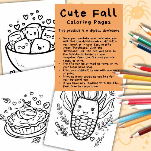 Fall Cute Kawaii Coloring Pages, Kids Fall Coloring Sheets, Fall Party ...