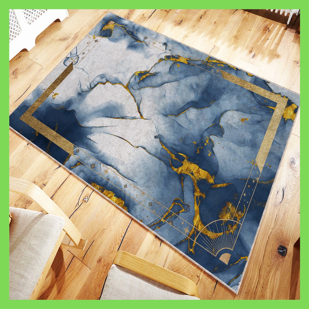 Golden Blue Marble Rug, Office Rug, Kitchen Rug, Mothers' Day Gift ...