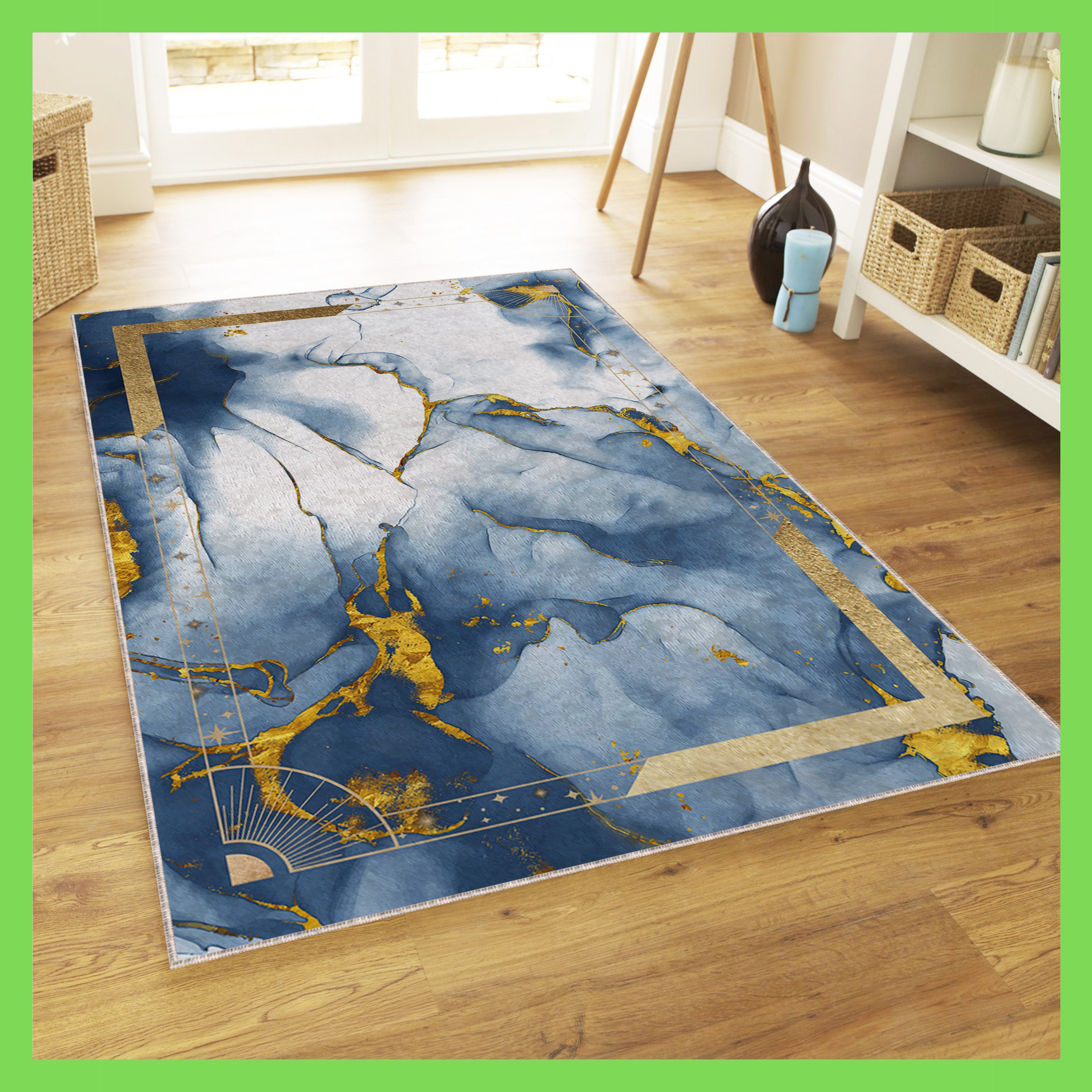 Golden Blue Marble Rug, Office Rug, Kitchen Rug, Mothers' Day Gift ...