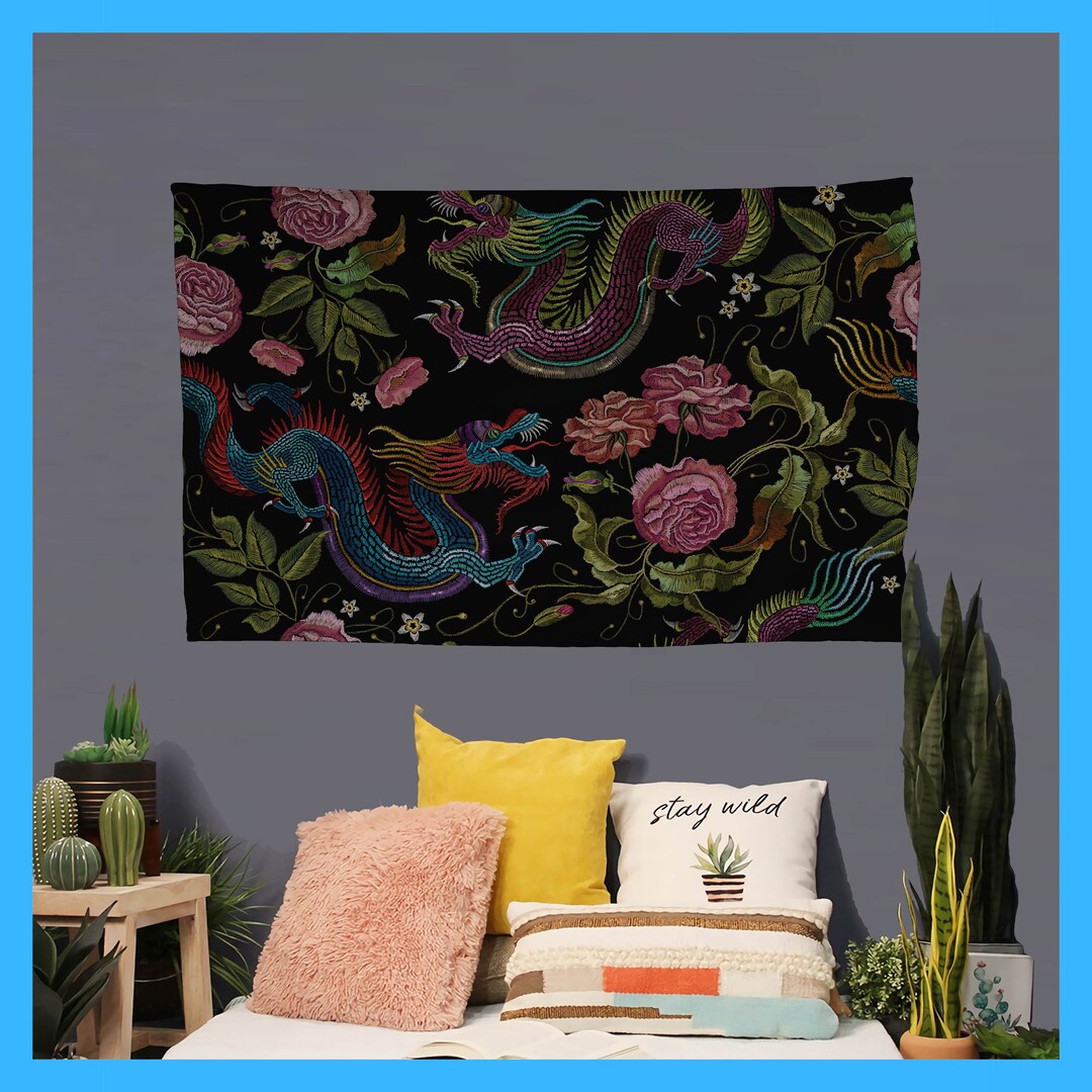 Oriental Dragon Flower Tapestry, Line Art Artisctic Tapestry, Wall ...