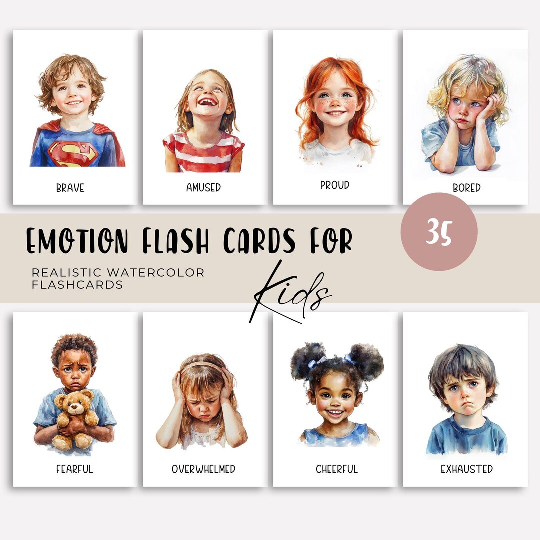 Emotion Flash Cards for Children, Montessori Flashcards, Watercolor ...