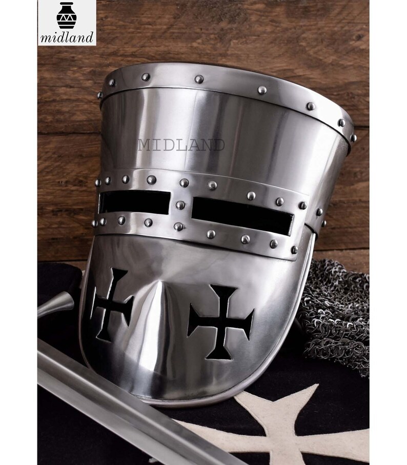 Armory Replicas Crusader 16g Pot Helmet With Templar Face Guard Silver